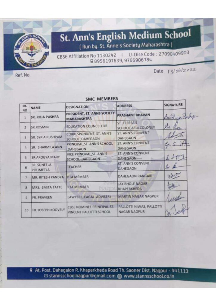 LIST OF SMC – St. Ann's English Medium School (CBSE)